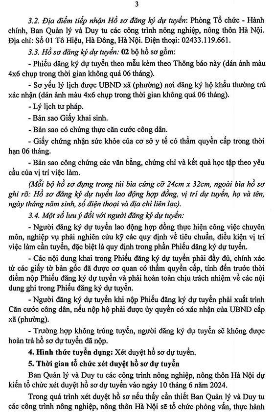 BQL và duy tu các công trình nông nghiệp, nông thôn Hà Nôi tuyển dụng LĐHĐ năm 2024